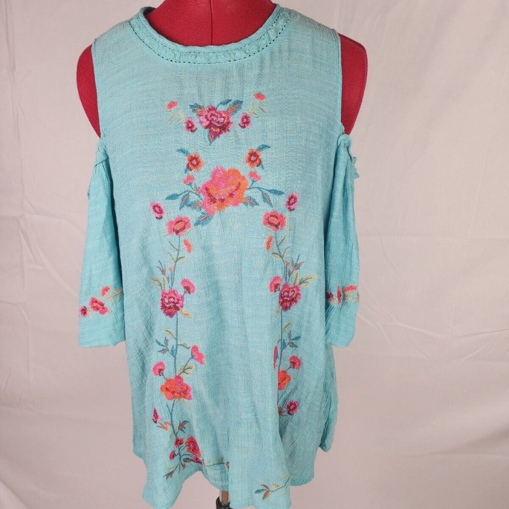 Umgee Blue Floral Embroidered 3/4 Sleeve Cold Shoulde… - Gem